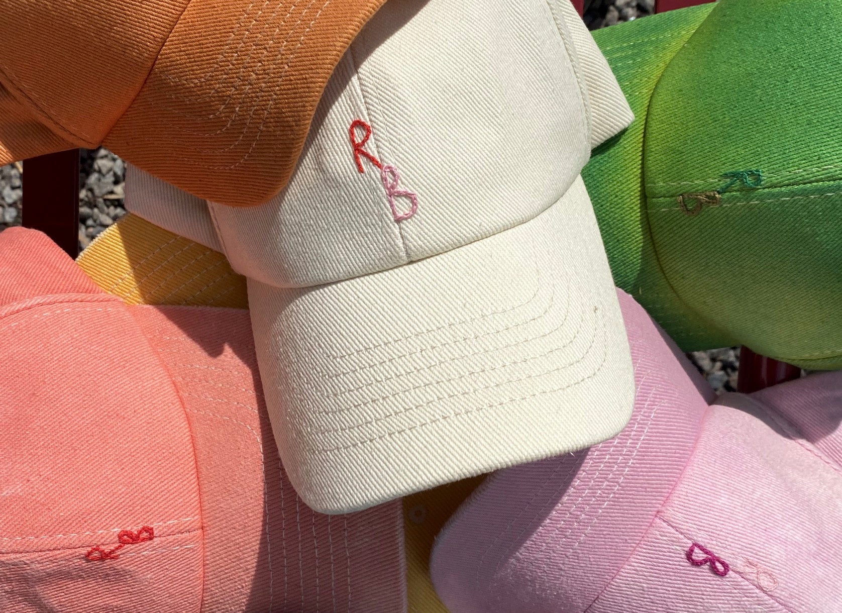 A color for every day. Hand-dyed baseball caps.